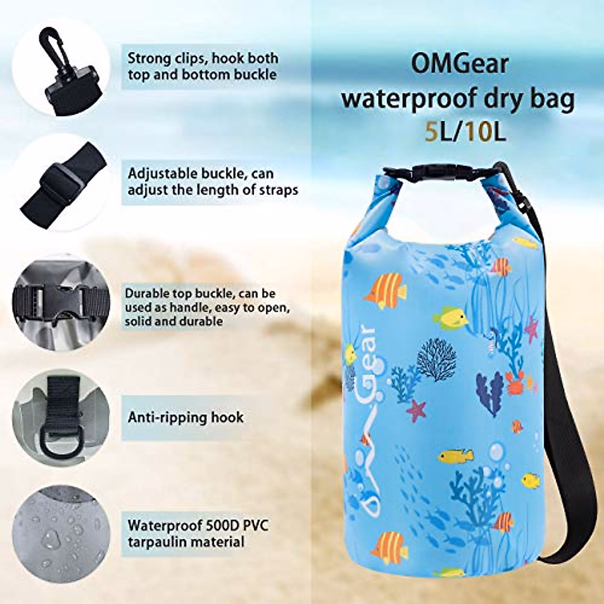 OMGear Waterproof Dry Bag Camping Gear Must Haves Dry Sack With Phone Pouch 40L/30L/20L/10L/5L Essentials for Kayaking Beach Boating River Paddling (Blue Fish,2L)