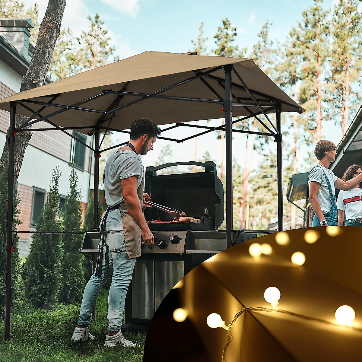COOS BAY 8x5 Pop up Grill Gazebo with LED Globe String Lights