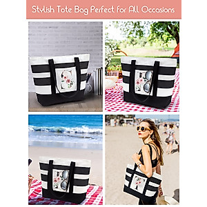 PARBEE Initial Canvas Tote Bag, Stripe & Floral Monogrammed Tote Bag with Pocket Top Zipper, Large Beach Bags Monogram Gift for Women Bridal Shower Wedding Birthday Mom Teachers, D