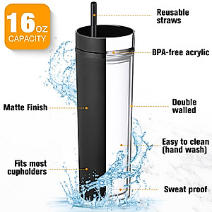 30 Pieces Skinny Tumbler with Lid and Straw, 16 oz Matte Black Acrylic Tumbler Insulated Double Wall Plastic Reusable Cups Vinyl Customized DIY Gifts for Parties, Birthday, Home, Office, Bridal Shower