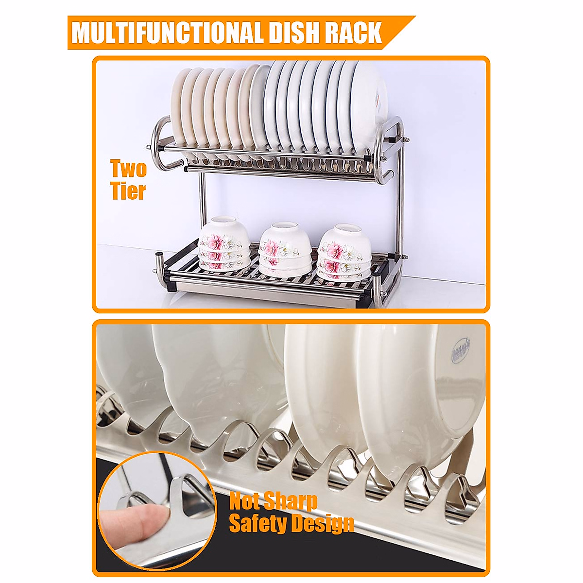 Kitchen Hardware Collection 2 Tier Dish Drying Rack Stainless Steel Wall Mounted Or Stand On Countertop Draining Rack 23.2 Inch Length 20 Dish Slots Organizer with Drainboard for Cup Plate Bowl