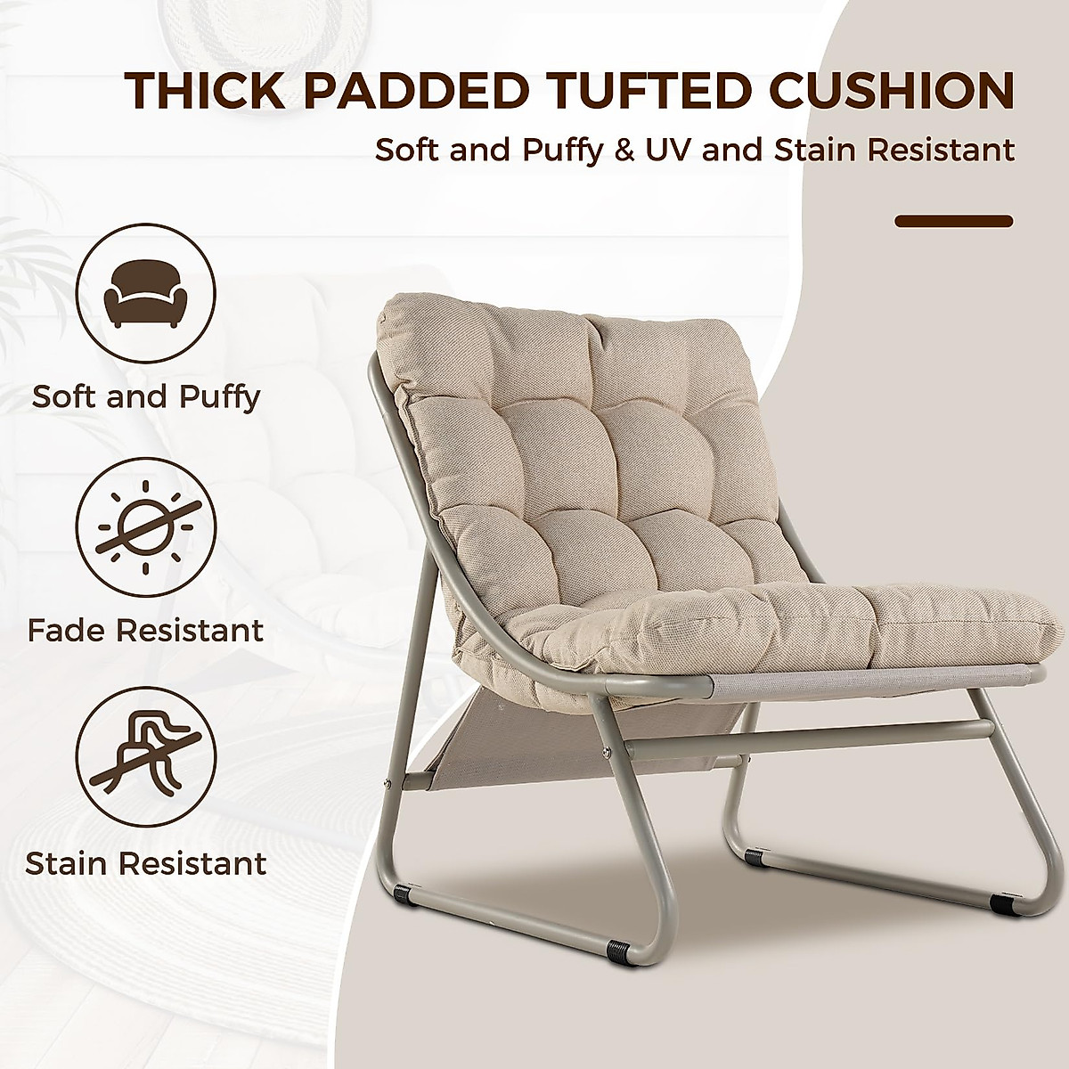 Grand patio Outdoor Lounge Chair with Ottoman Comfy Sling Recliner Chair with Puffy Cushion Samba Modern Patio Furniture Set for Porch Deck Garden Champagne Gray