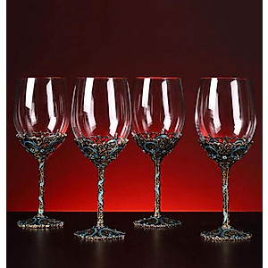 Wine Glasses Clear Handcrafted Champagne Glasses Red Wine Glasses Set of 2 Enamel Floral Goblets (Blue)