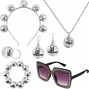 Fahacop 6 Pack 1970s Disco Accessories Set Disco Ball Headband Necklaces Bracelet Ring Earrings and Square Crystal Sunglasses for Women Girls Dress Up Dance Party Accessories