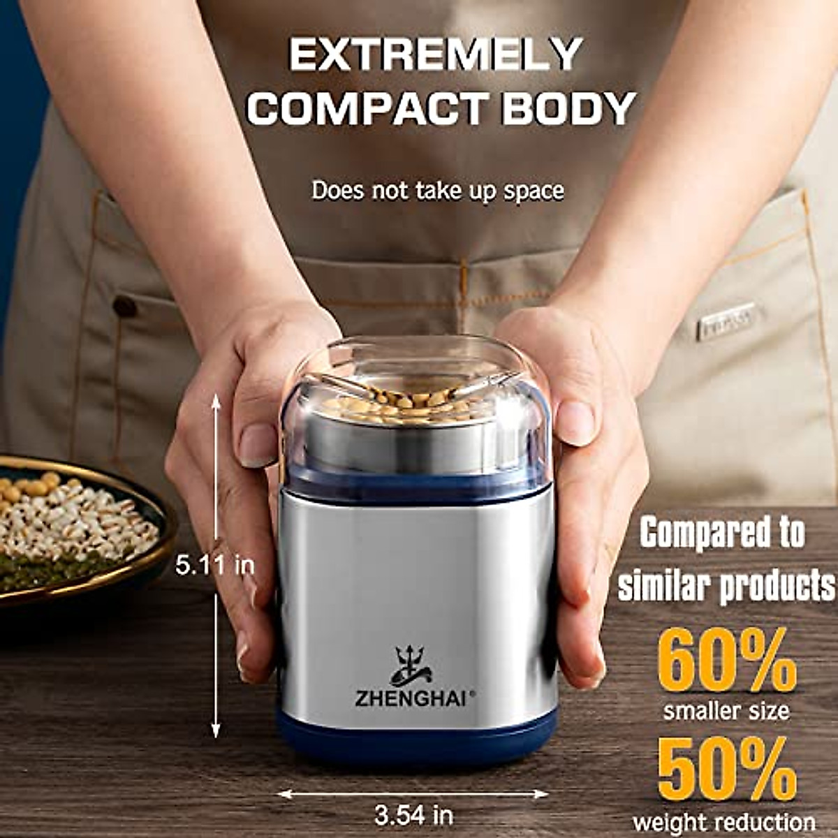 ZHENGHAI Electric Herb Grinder 200w Spice Grinder Compact Size, Easy On/Off, Fast Grinding for Flower Buds Dry Spices Herbs, with Pollen Catcher and Cleaning Brush (Stainless Steel & Blue)