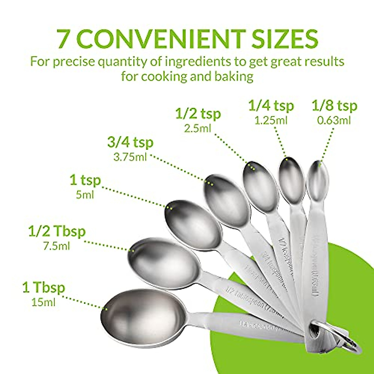 Spring Chef - Oval Stainless Steel Metal Measuring Spoons Set, Easy to Read Dual Measurements for Dry and Liquid Ingredients, Medicine and More, Kitchen Essentials, Set of 7