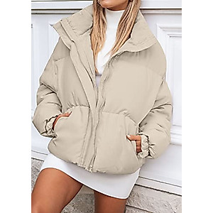 MEROKEETY Women's Long Sleeve Full Zip Puffer Coats Stand Collar Pockets Warm Padded Down Jackets, LightKhaki, L