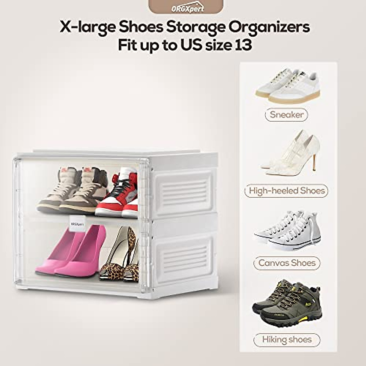 ORGXpert Stackable Drop Front Shoe Storage Organizer, Reusability Stylish Clear Plastic Shoe Box, Sturdy XLarge Shoe Display Container with Lids, Fits up to Size 12 Sneakers High Tops, 2 Layer