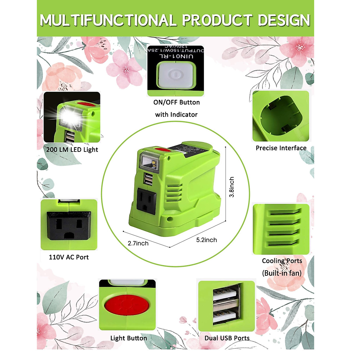 TPDL Portable Power Inverter Generator 150 Watt for Ryobi 18V Battery - Invert DC 18V to AC 110~120V Outlet with Dual USB 5V 2.4A Ports & LED Light - Modified Sine Wave Mobile Power Supply