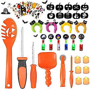 Pumpkin Carving Kit for Kids - 6 Halloween Pumpkin Carving Tools Set, 6 LED Candles, 4 Balloon Headbands, 6 LED Rings, 6 Pumpkin Stickers, 10 Pumpkin Carving Stencils for Halloween Decorations