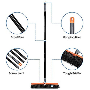 18inch Push Broom Outdoor - Heavy Duty Broom for Driveways, Sidewalks, Patios and Deck Cleans Dirt, Debris, Sand, Mud, Leaves and Water-18 Wide Bristles