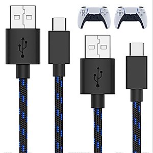 TALK WORKS Fast Charge USB-C Charger Cable for PS5 Controller - 10 Feet Long, Heavy-Duty Braided Type C Cord Charging Compatible with Sony Playstation 5 - Black-Blue (2 Pack)