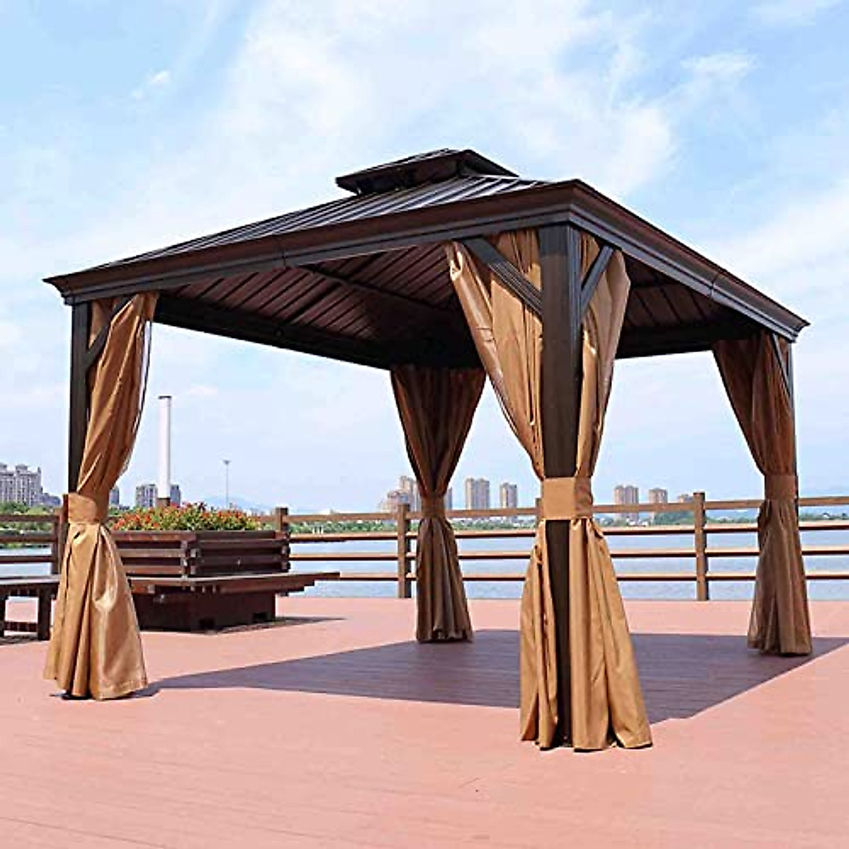 Hardtop Gazebo, 10X 10ft Outdoor Double Roof Canopy, Aluminum Frame Permanent Pavilion with Curtains and Netting, Sunshade for Garden
