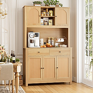 FINETONES 71" Kitchen Pantry Cabinet, Pantry Cabinet with Microwave Stand & Charging Hole, Freestanding Kitchen Hutch with Drawers and Adjustable Shelves, Kitchen Rattan Cabinet for Kitchen, Walnut