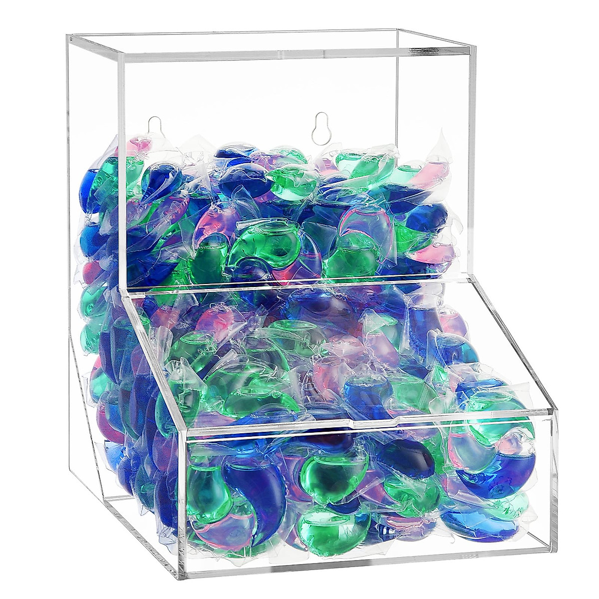 BSSOYAMM Laundry Pods Container, Acrylic Laundry Pods Holder with 2 Lid, Adhesive Dishwasher Pods Dispenser, Clear Laundry Room Organization Storage for Clothes Pins, Dryer Balls, Snack, Candy