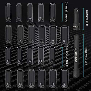 DURATECH 24-Piece Impact Socket Set, 1/2" Drive Deep Impact Socket Set with 2pcs 1/2-Inch Hexagon Extension Bars, Metric ＆ SAE, Hard Case Included