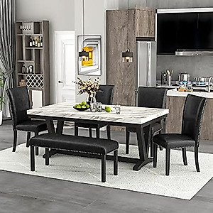 Goozio 6-Piece Set,Faux Marble Table, 4 Upholstered PU Leather Chair, 1 Bench for Dining Living Room,Black, OneSize