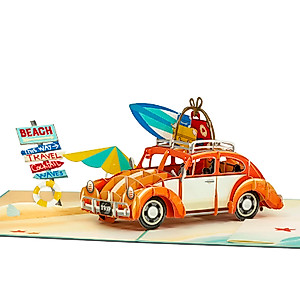 POPWOW Car Pop Up Card, Beetle Bug, New Adventure, Road Trip, Vacation 3D Travel Card for Birthday, Graduation, Congratulations, Retirement, Work Anniversary, Farewell, Goodbye, Bon Voyage, 5x7