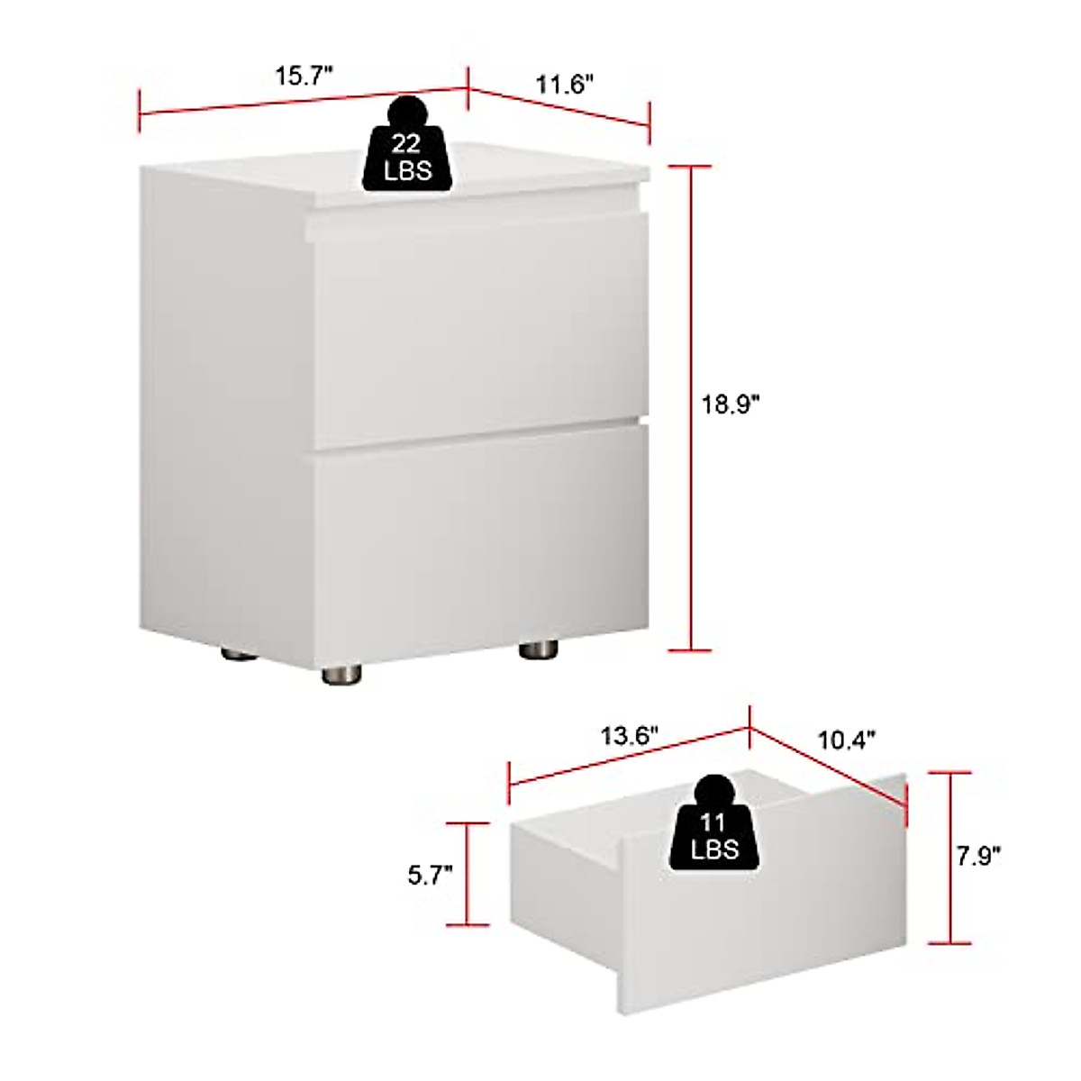 AIEGLE White Nightstand with 2 Drawers, Small Wood Storage Bed Side Table End Table Set of 2, Handle Free Storage for Bedroom Living Room Office (15.7" W x 11.6" D x 18.9" H)