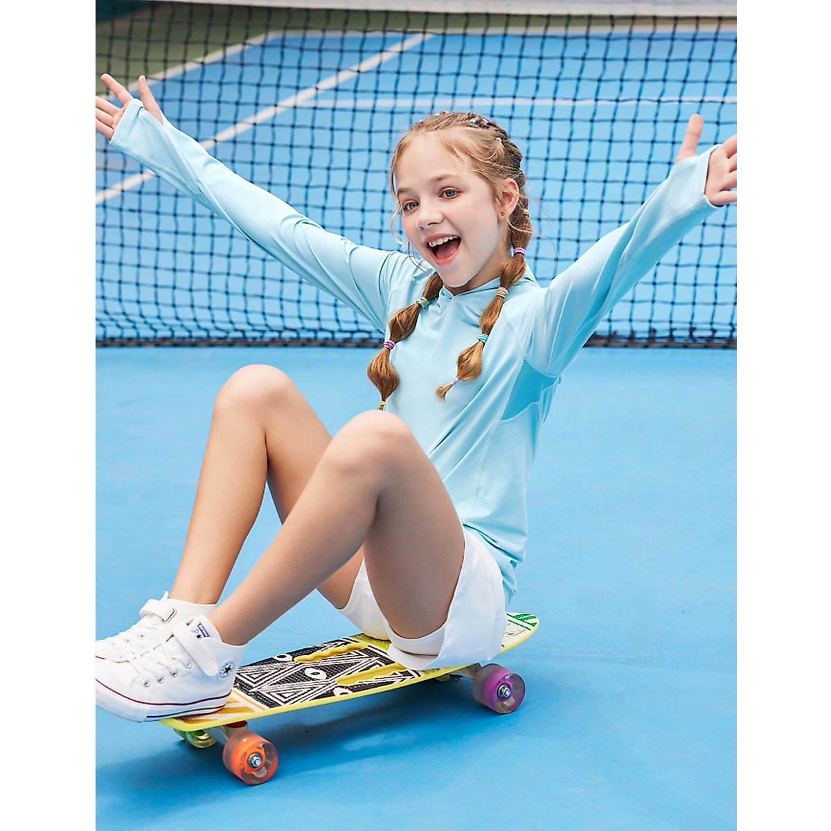 Zaclotre Kids UPF50+ Sun Shirt Girls Quick Dry Fit Sun Protection Clothing Athletic Hoodie with Thumbholes Blue