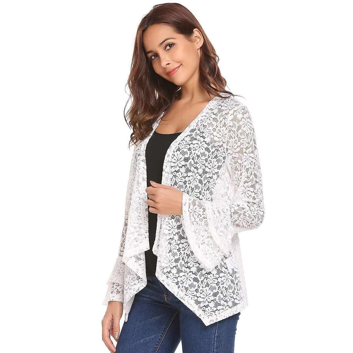 Deawell Womens Ruffle Sleeve Lace Cardigans Ladies Sheer See Through Cover Up Jacket (White, M)