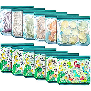 Rumia 12 Pack Reusable Food Storage Bags Dinosaur Silicone Sandwich Bags Snack Bags Leakproof Freezer Bags with Zipper Travel/Home Organization Waterproof Reusable Food Storage Bag