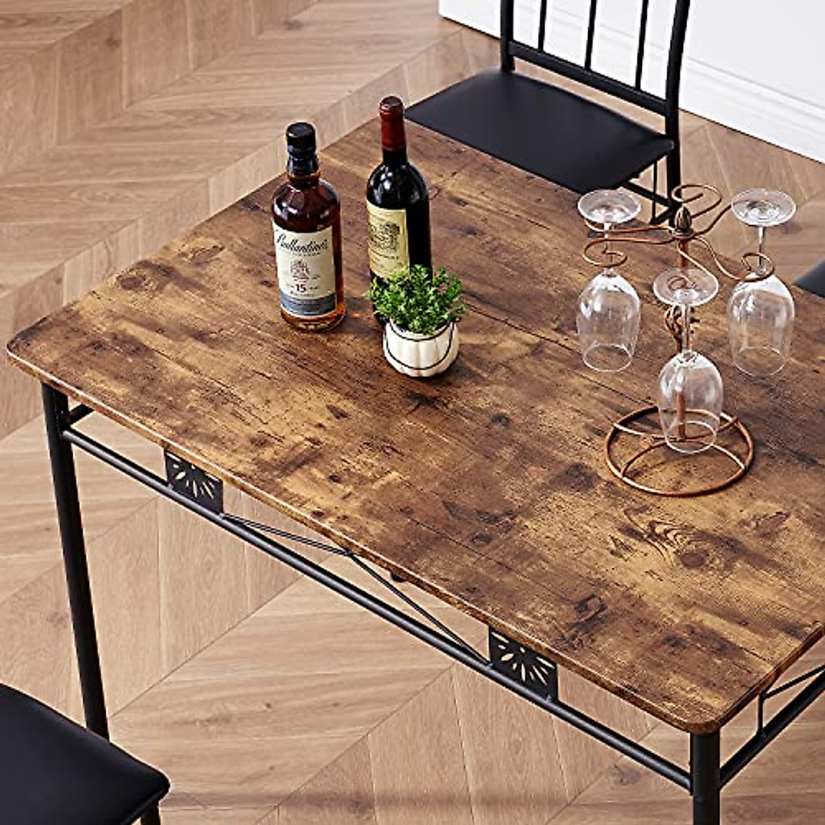 VECELO Dining Table Set with 4 Chairs, Retro Brown & Bella Nonstick Cookware Set - Aluminum Bakeware, Pots and Pans, Storage Bowls & Utensils, Compatible with All Stovetops, 21 Piece, Red