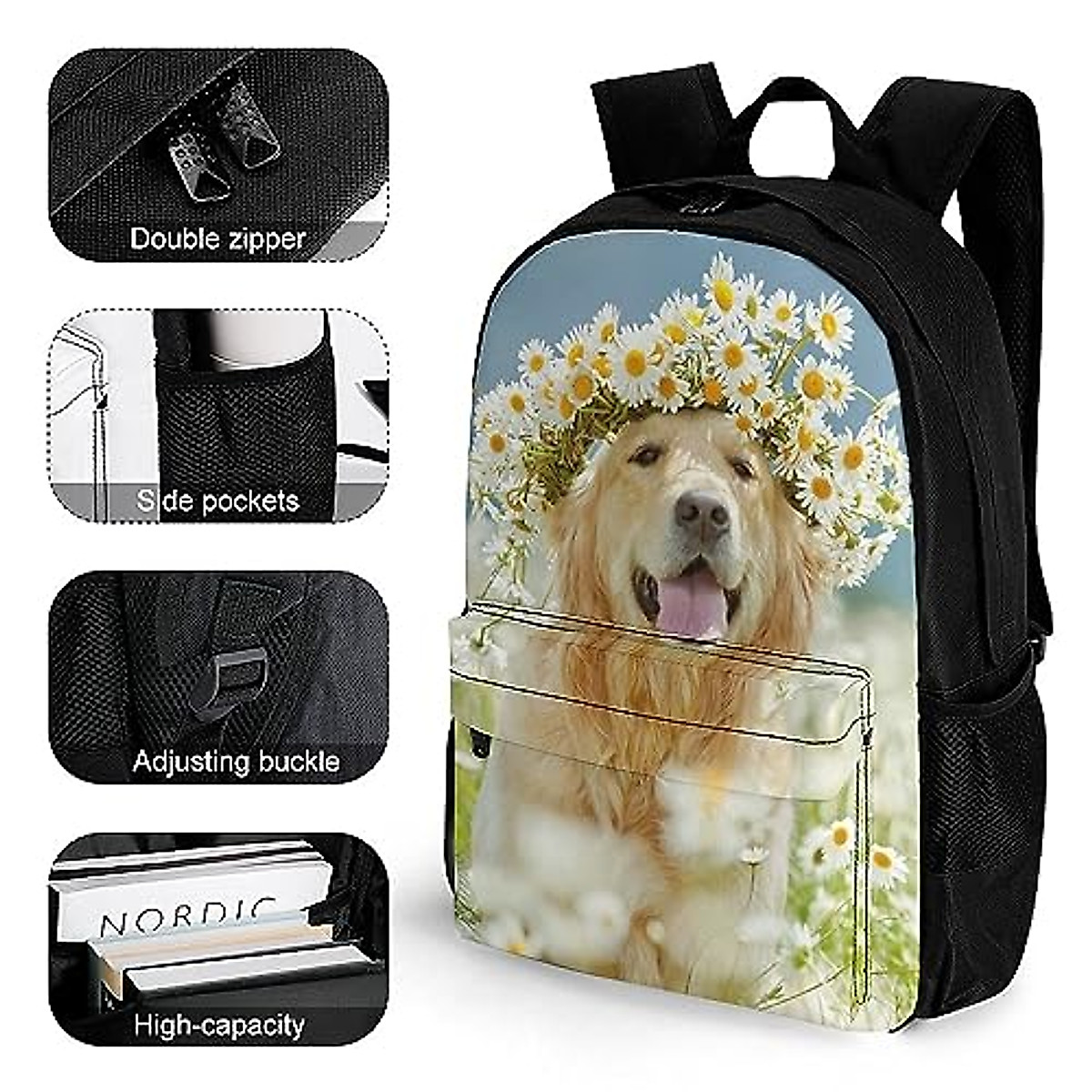 Golden Retriever Dog Lovely Wreath Laptop Backpack for Men Women Shoulder Bag Business Work Bag Travel Casual Daypacks