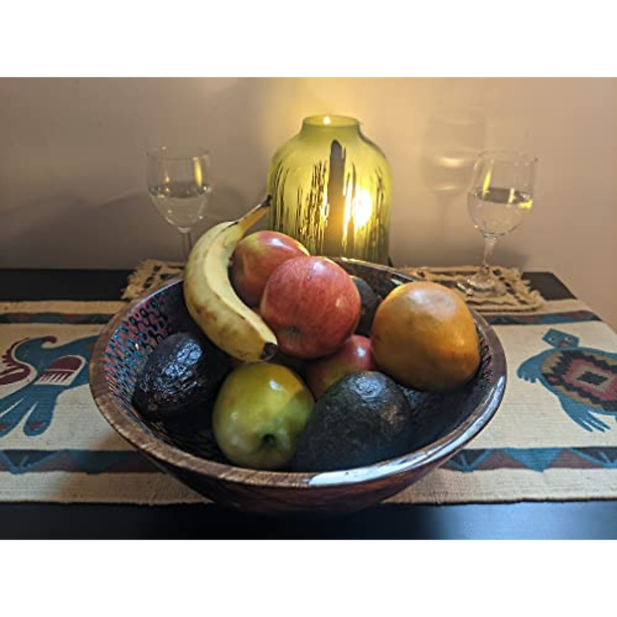 Decorative Wooden Bowl with Server Spoons - Mango Wood Enamel Serving Bowls for Mixing Fruit Salad Pasta Popcorn Cereal Soup 12" Diameter - Large Centerpiece Dish