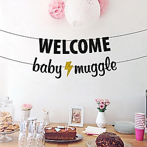 Welcome Baby Muggle Banner, Baby Shower Party Bunting, Welcome Little Muggle/Baby Announcement Party Decorations Sign Black Glitter