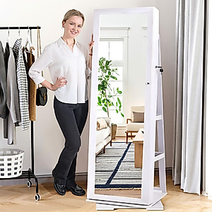 Wellynap Mirror Jewelry Cabinet, 360° Rotatable Full Length Mirror Stand, Lockable Jewelry Organizer Armoire with Back Storage Shelves for Bedroom, Cloakroom, White