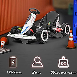 PRIME CLUB 12V Ride on Car Electric Go Kart Adjustable Length Racer Drift Car with Remote Control,Music,Brake and Horn,Electric Car for 37-95 Months Toddler (White)