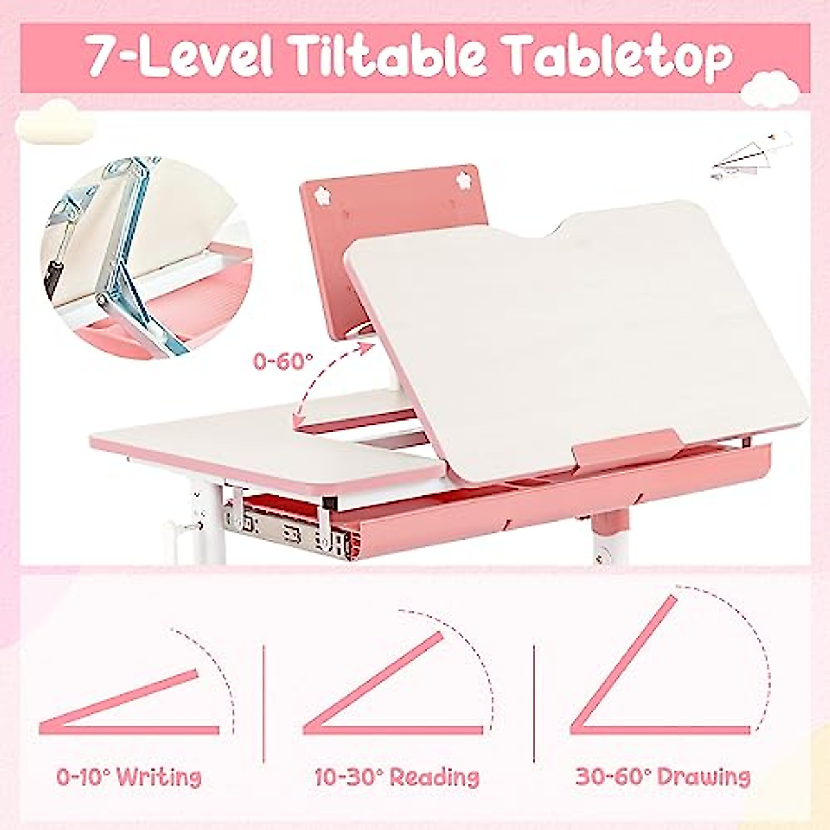 Costzon Kids Desk and Chair Set, Height-Adjustable Student Study Desk with Tiltable Desktop, Book Stand, Ergonomic Chair with Footrest, Writing Table & Chair Set for Boys Girls (Pink)