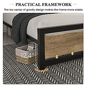 SHA CERLIN Queen Size Metal Platform Bed Frame with Wooden Headboard/Heavy Duty Bed Frame with 13 Strong Slats Support/Large Storage/Mattress Foundation/Noise-Free/No Box Spring Needed, Brown