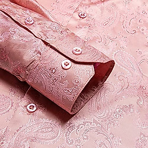 Hi-Tie Long Sleeve Rose Gold Paisley Men's Dress Shirts Blush Pink Silk Designer Regular Fit Casual Button Down Shirt Prom