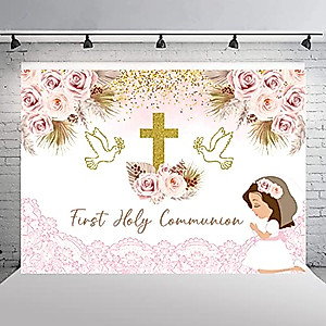 Wollmix 1st First Communion Baptism Decorations Backdrop 7x5ft God Bless Holy Communion Banner Christening Gold Dots Pink Boho Floral Doves Photography Background Baby Shower Banner Photo Booth Props
