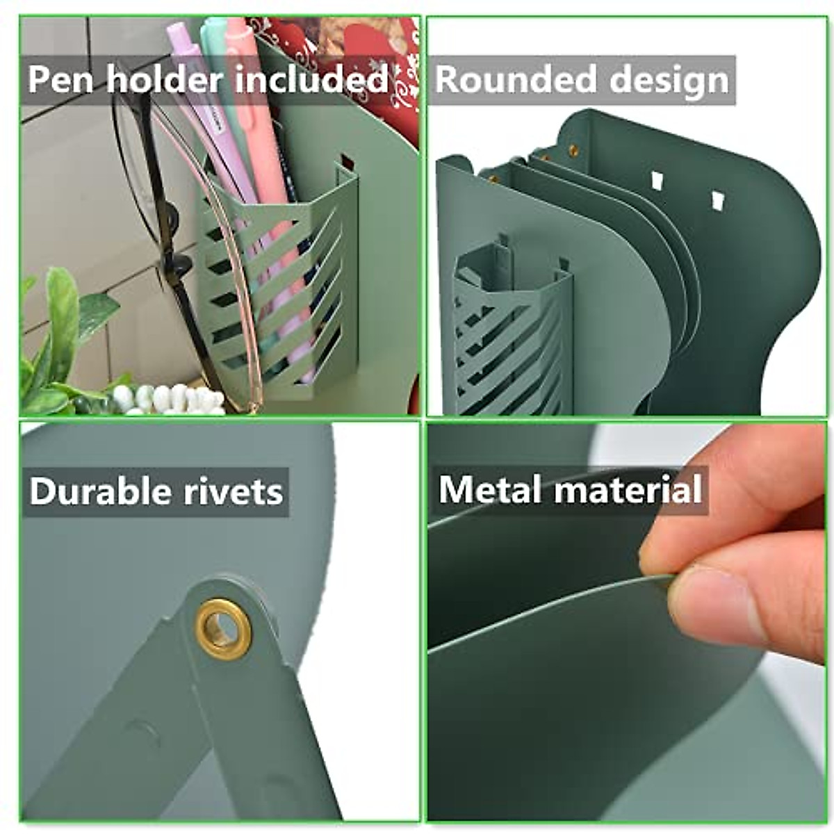 Citmage Adjustable Bookends 3 Compartments Decorative Metal Book Holders Heavy Duty Expandable Book Stand Organizer Magazine File Book Racks for Desk, Shelf, Office, Stationery Gift(Green)