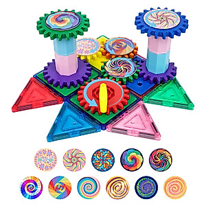 PicassoTiles 101 Master Builder Magnetic Building Block Toy Set Construction Magnet Tile Blocks Education Toys with 22 Optical Illusion Spinning Disk, 27 Gear Wheels and Engineering Columns PTW101