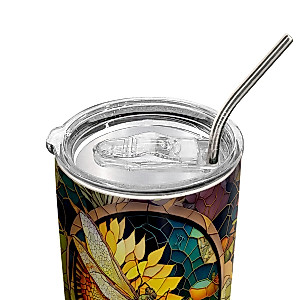 ORCAE 20oz Yellow Stained Glass Sunflower Dragonfly Tumbler, Gifts for Dragonfly Lovers, Coffee Thermos for Women, Stainless Steel Double Wall Vacuum Insulated Coffee Mug, Travel Cup with Lid - F