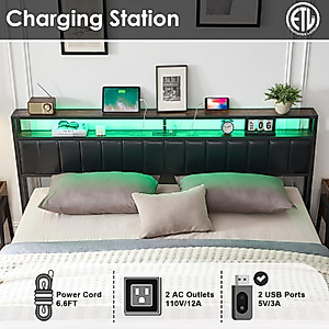 AMERLIFE King Size Platform Bed Frame, LED Bed Frame with PU Leather & Charging Station, 2-Tier Storage Headboard/No Box Spring Needed/Noise Free, Black