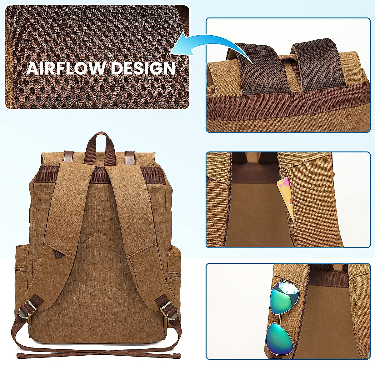 Modoker Mens Canvas Vintage Backpack for Men,Women, Travel Laptop Backpack Fits 17/15.6 Inch Computer & Tablet, Large Bookbag Rucksack Backpack with USB Charging Port, Brown