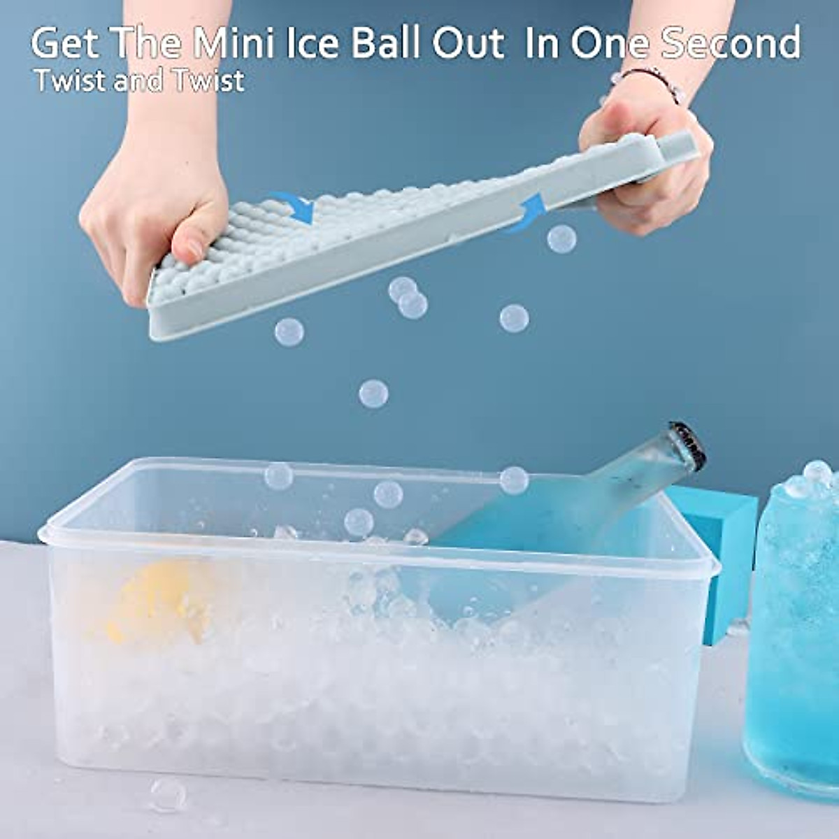 ITWIST Mini Ice Cube Trays, 159x4 PCS Crushed Ice Tray Small Ice Cube Trays, Tiny Ice Cube Tray Easy Release for Chilling Drinks Coffee Juice(4Pack Blue Ice trays & Ice Bin & Ice Scoop)