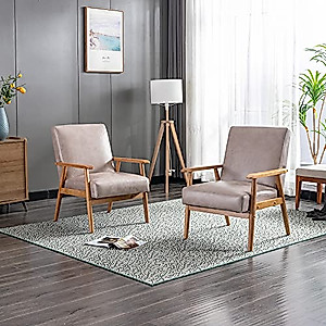 freemax Mid Century Accent Armchair Wood Leather Lounge Chair with Suede Cushion and Soft Sponge, for Living Room Bedroom Reading Room (Beige)