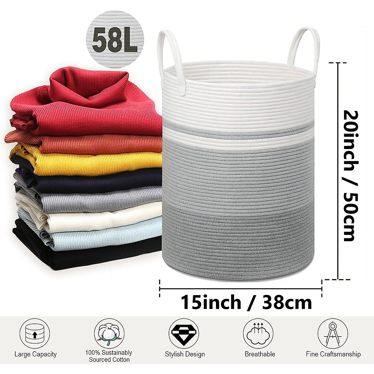 Laundry Basket,Woven Cotton Rope Laundry Hamper,58L Hamper for Kids for Blanket,Toys,Dirty Clothes in Living Room,Bathroom,Bedroom (Grey&White)