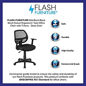 Flash Furniture Mallard Mid-Back Black Mesh Swivel Ergonomic Task Office Chair with T-Arms - Desk Chair