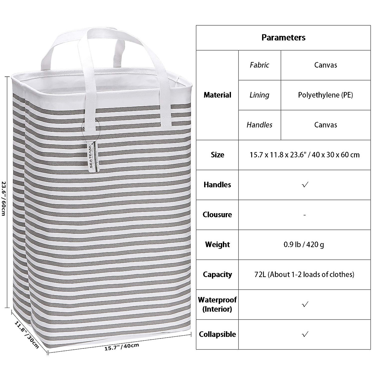 Sea Team 23.6" Large Size Canvas Fabric Laundry Hamper Collapsible Rectangular Storage Basket with Waterproof Coating Inner and Handles, Purple & White Stripe