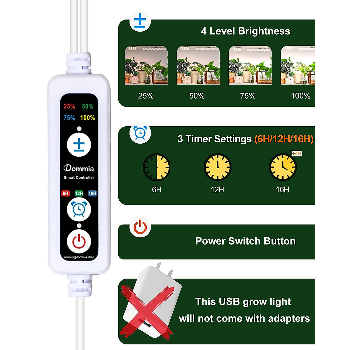 DOMMIA Grow Light, Dimmable Grow Light for Indoor Plants Full Spectrum with Optical Lens, Sunlike Under Cabinet Grow Light with 6/12/16H Timer, USB LED Plant Light for Indoor Growing (No Adapters)