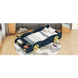 Twin Size Race Car-Shaped Platform Bed Frame for Boys Girls Kids Adults Toddler with Wheels and Storage, Dark Blue+Yellow