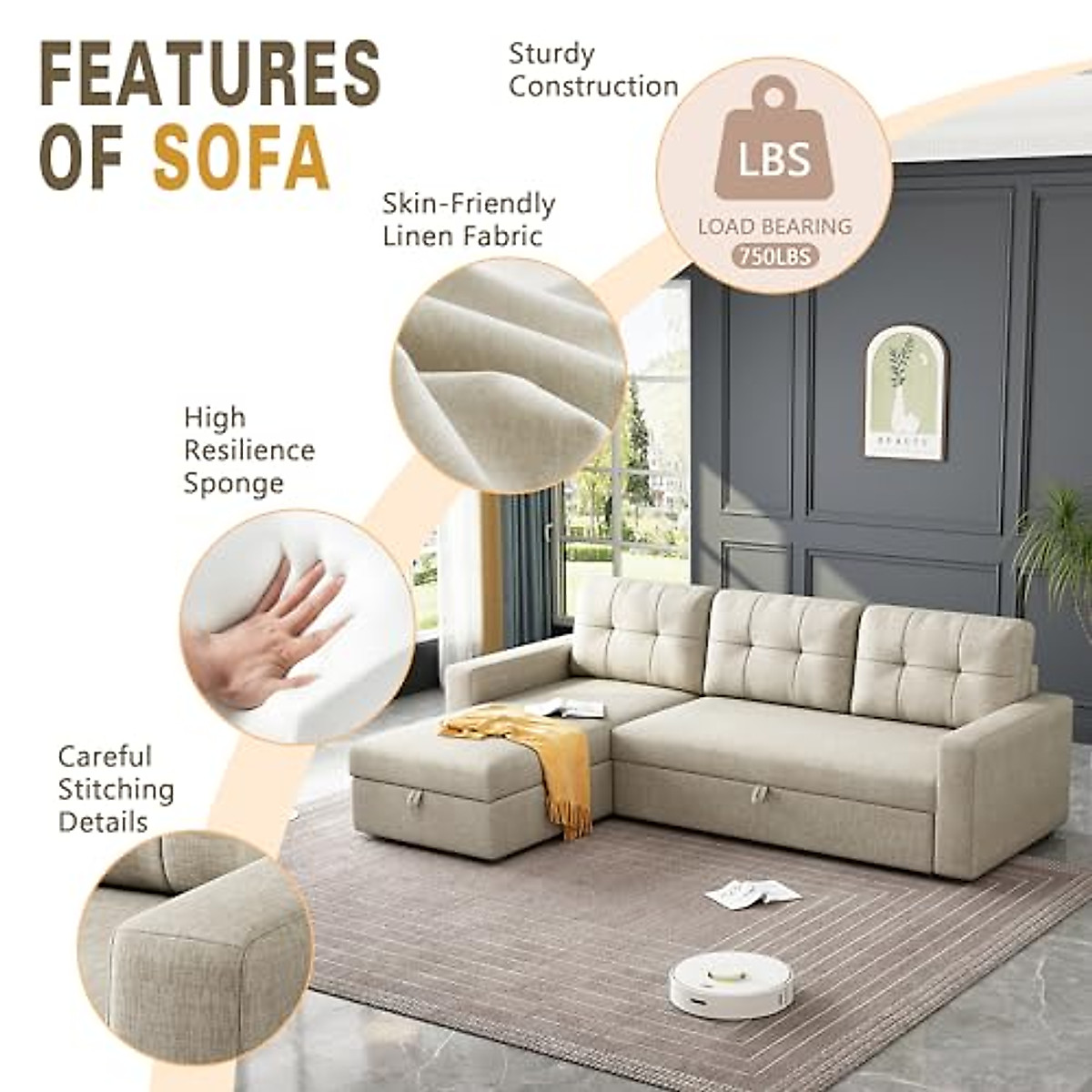 Ball & Cast 81.5" L-Shaped Convertible Sleeper Sofa, Upholstered Sectional Couch Pull Out Sofa-Bed with Storage Chaise & Removable Back Cushions, Beige