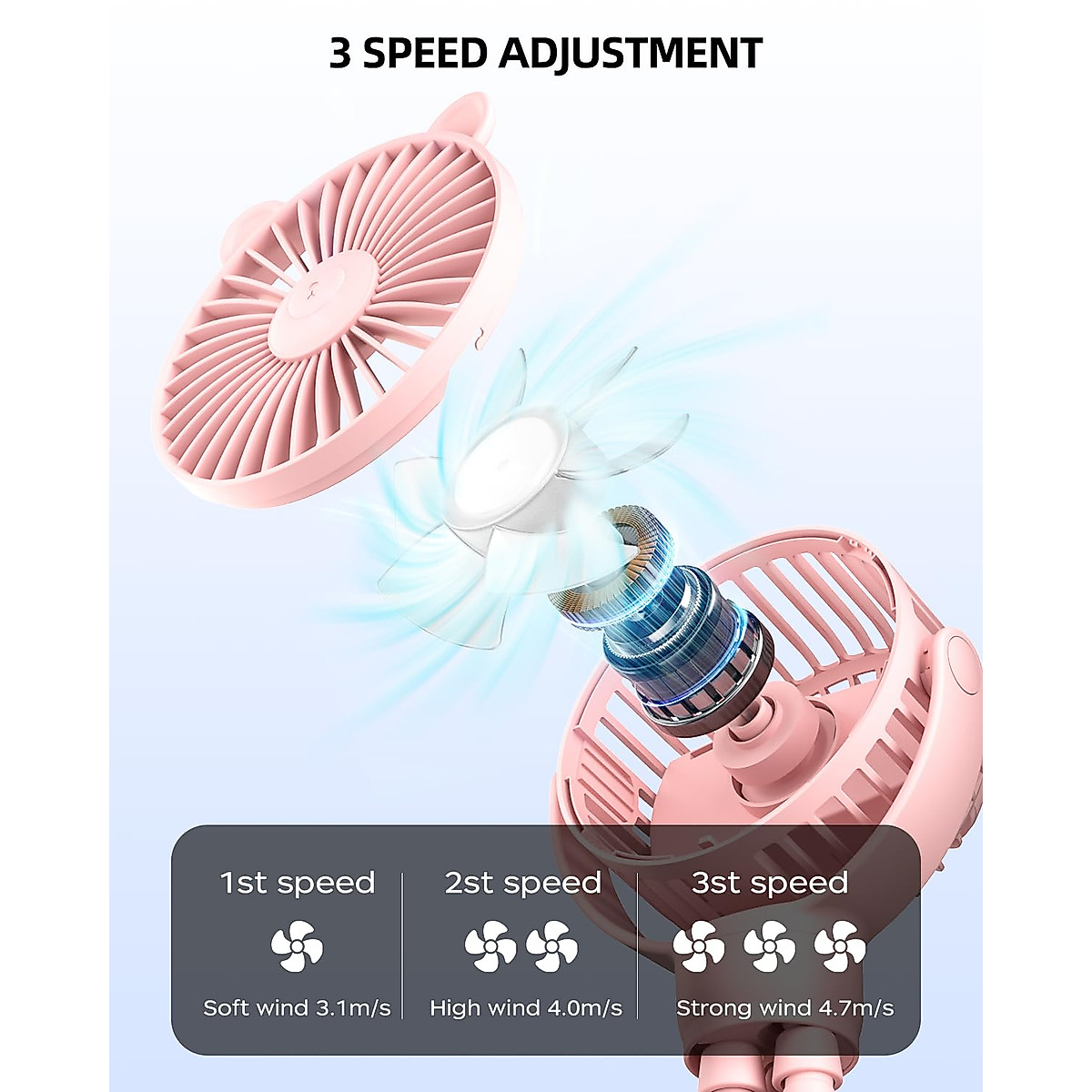 ASNUG Portable Mini Stroller Fan, Battery Operated Small Clip on Fan, Detachable Flexible Tripod Baby Fan with 3 Speed, Rechargeable Personal Fan for Car Seat Crib Treadmill Travel